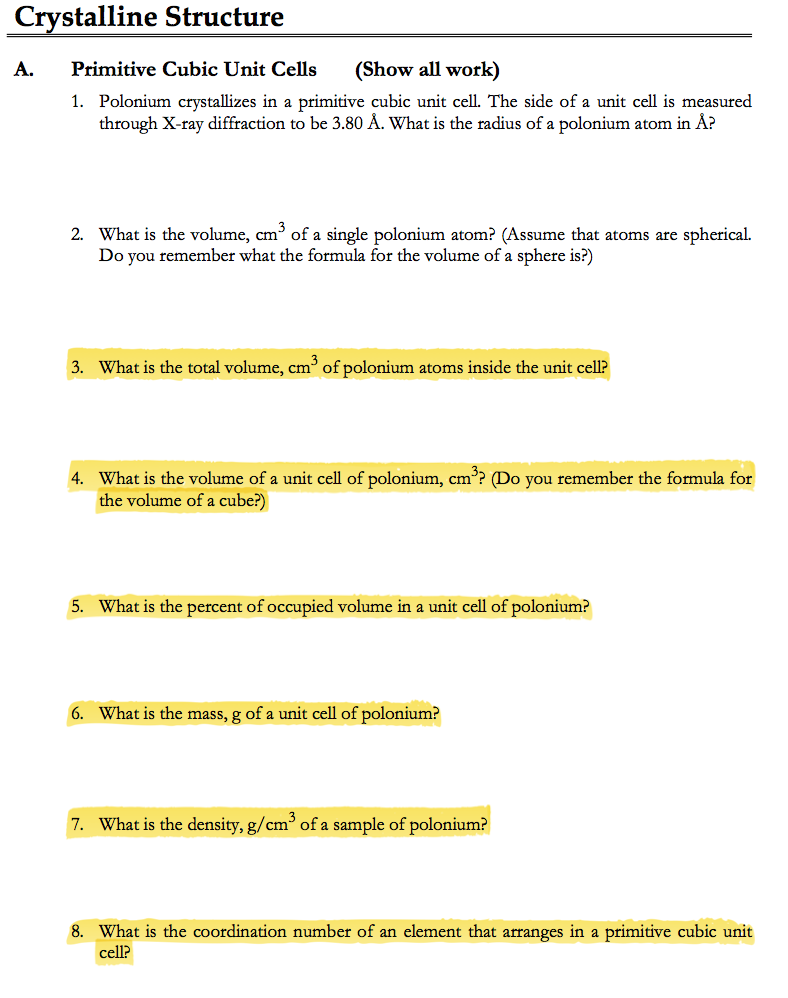 Solved Polonium crystallizes in a primitive cubic unit ceil. | Chegg.com