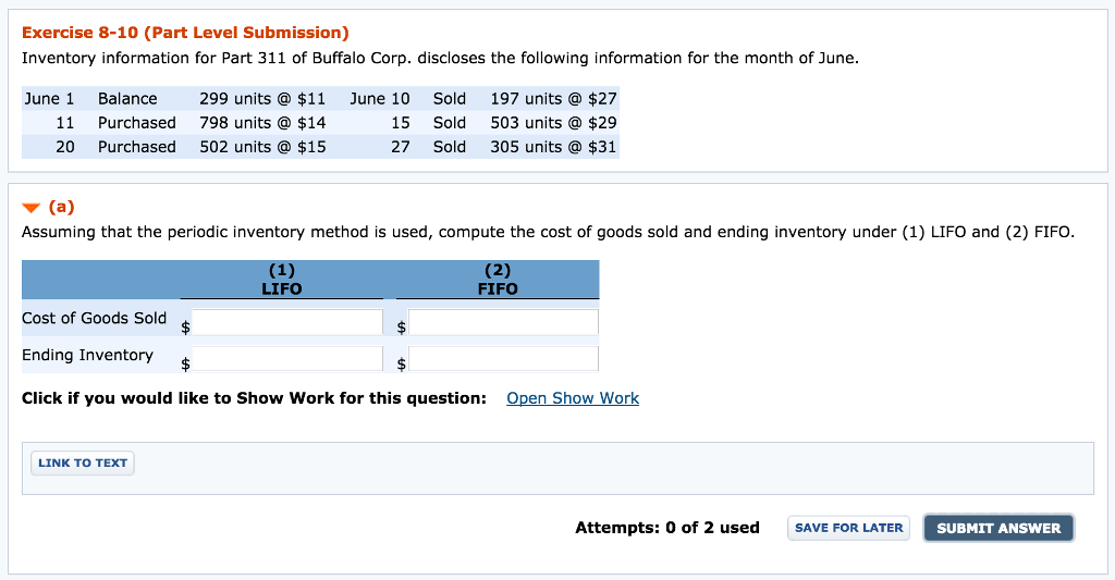Solved Exercise 8-10 (Part Level Submission) Inventory | Chegg.com