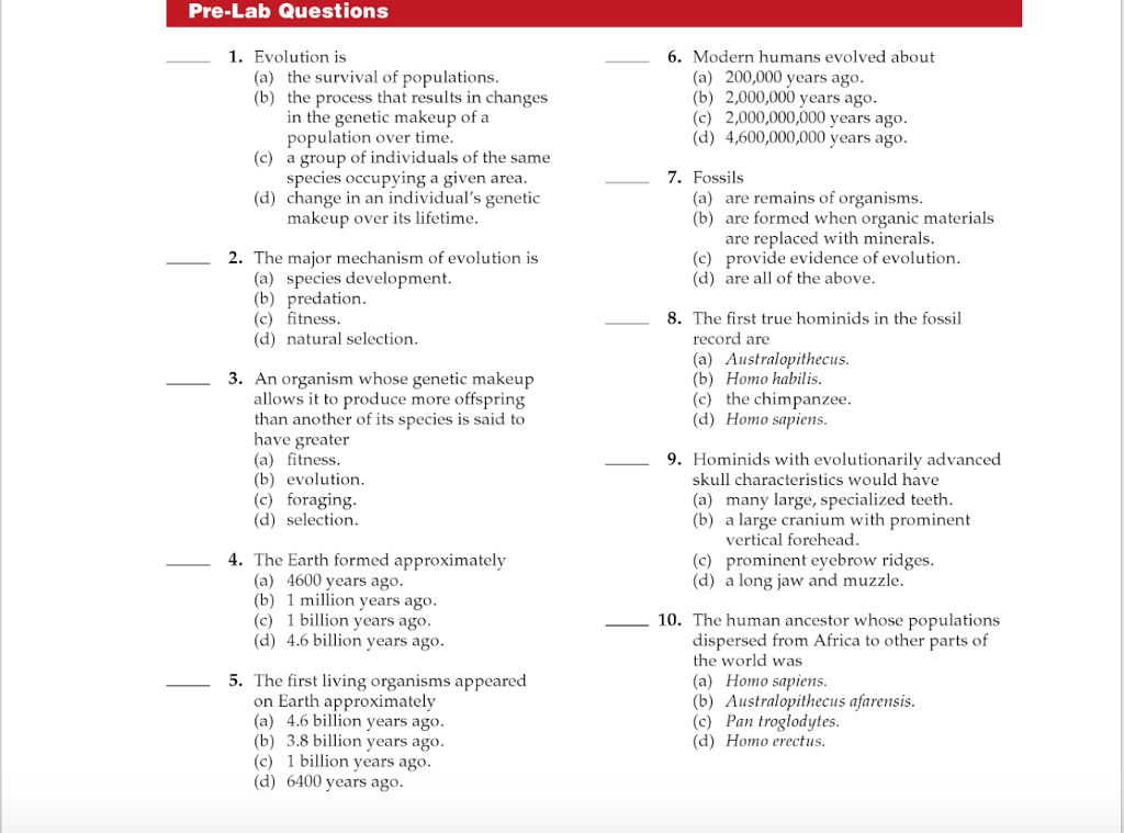 Solved Pre-Lab Questions 1. Evolution is 6. Modern humans | Chegg.com
