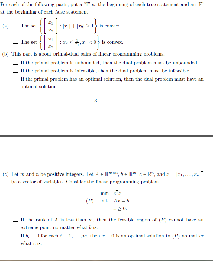 For each of the following parts, put a T at the | Chegg.com