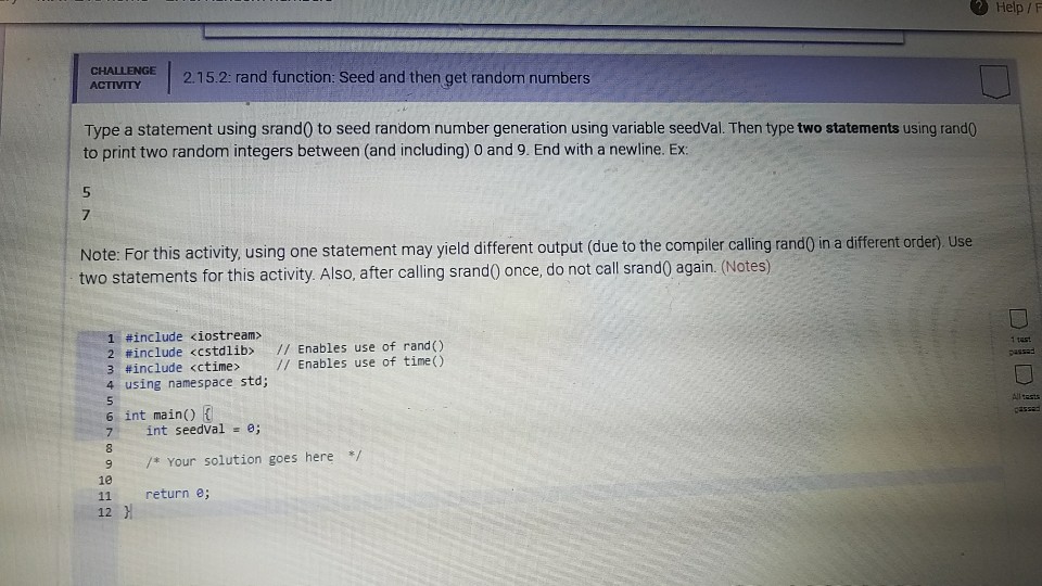 Solved Type A Statement Using Srand To Seed Random Number