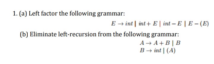 Solved 1. (a) Left factor the following grammar: E → int | | Chegg.com