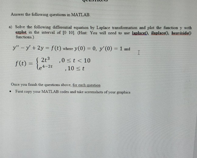 Solved Answer the following questions in MATLAB. a) Solve | Chegg.com