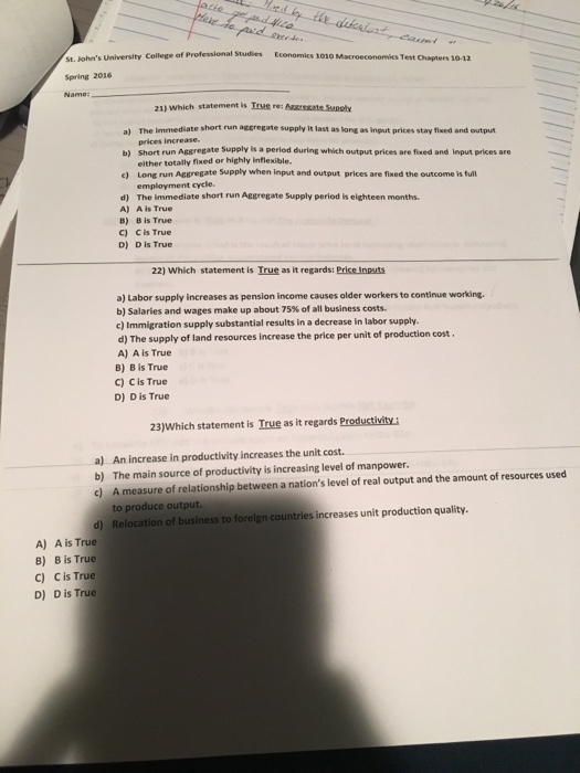 Solved The immediate short run aggregate supply it last as | Chegg.com