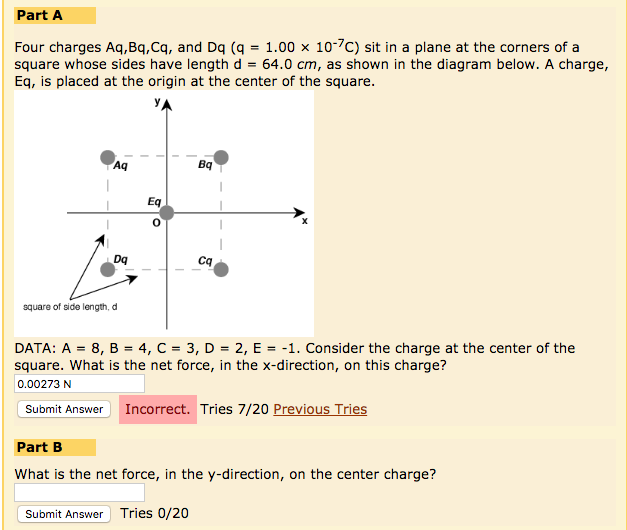 Solved Four charges Aq,Bq,Cq, and Dq (q = 1.00 x 10^-7C) sit | Chegg.com