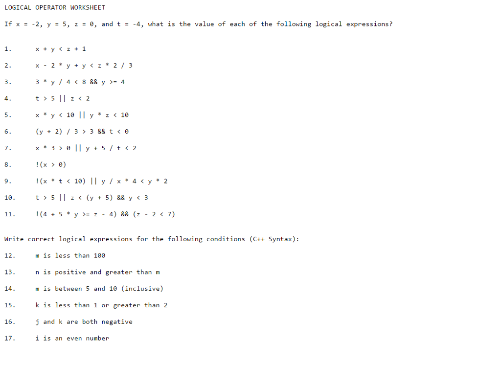 Solved LOGICAL OPERATOR WORKSHEET If x -2, y 5, z 0, and t | Chegg.com