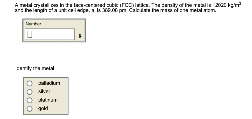 Solved A metal crystallizes in the face-centered cubic (FCC) | Chegg.com