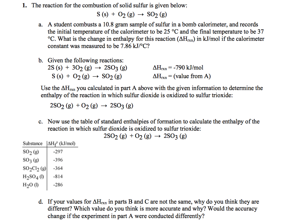 1. The reaction for the combustion of solid sulfur is | Chegg.com