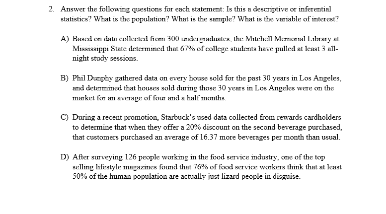 Solved 2. Answer the following questions for each statement: | Chegg.com