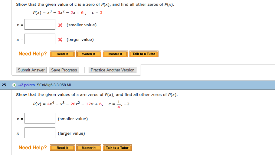 Solved Show that the given value of c is a zero of P(x) and | Chegg.com