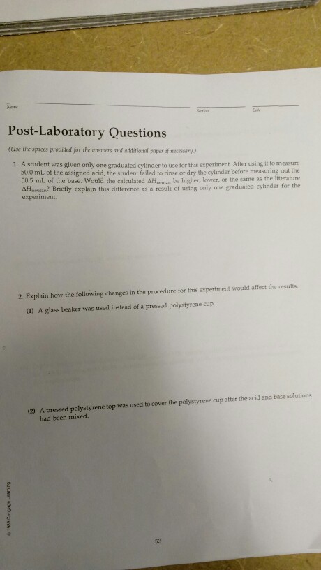 Solved Post-Laboratory Questions (Use the spaces provided | Chegg.com