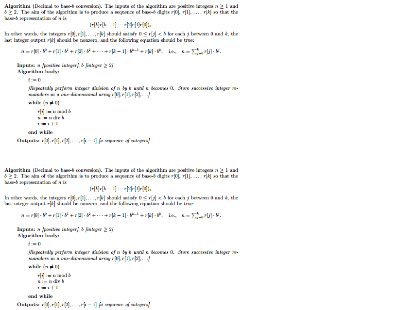 Algorithm (Decimal to base-b conversion). The inputs | Chegg.com