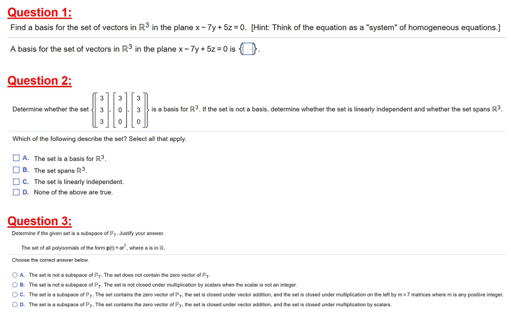 Solved Question 1: Find a basis for the set of vectors in R3 | Chegg.com