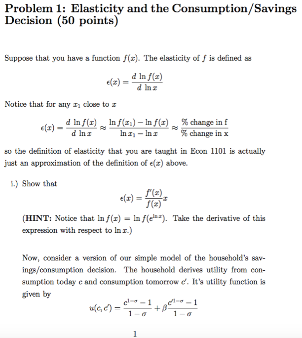 Solved Problem 1: Elasticity and the Consumption/Savings | Chegg.com