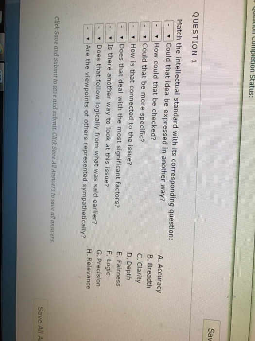 Solved Match the intellectual standard with its | Chegg.com
