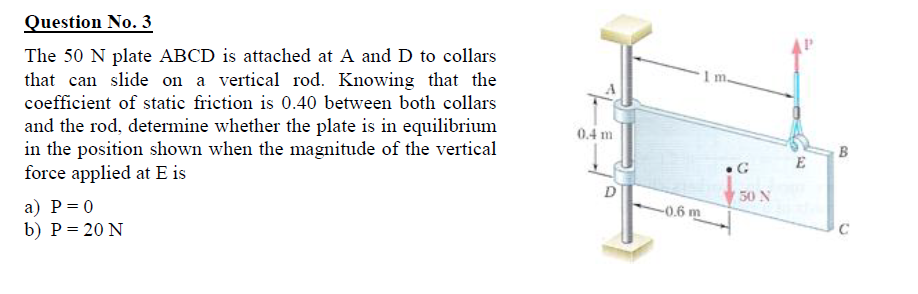 Solved The 50 N plate ABCD is attached at A and D to collars | Chegg.com