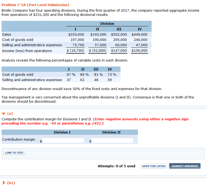 Solved Problem 7-5A (Part Level Submission) Brislin Company | Chegg.com