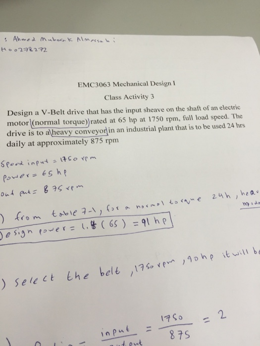 Solved Design a V-Belt drive that has the input sheave on | Chegg.com
