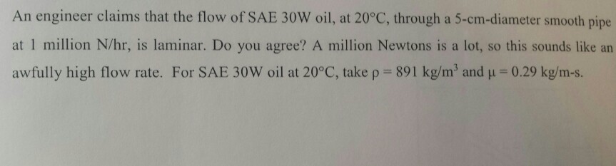 Solved An engineer claims that the flow of SAE 30W oil, at | Chegg.com