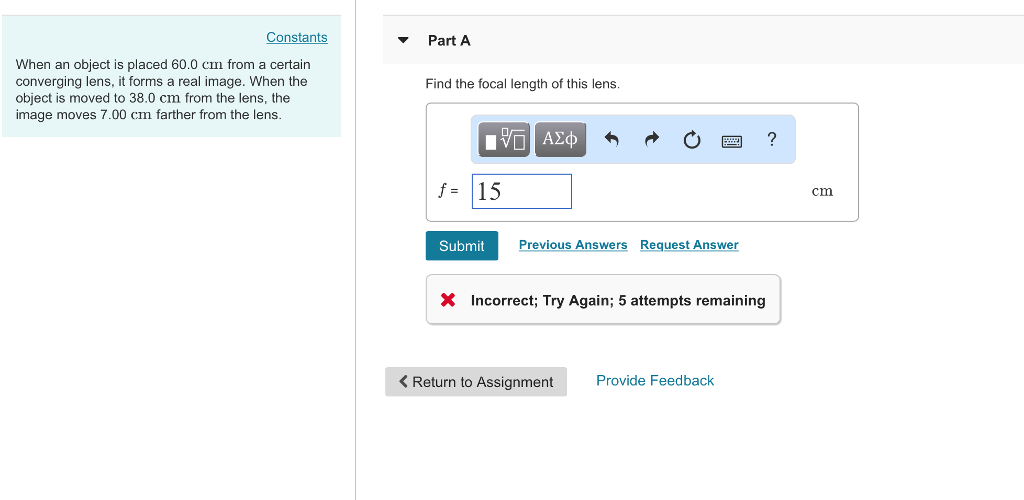 Solved Constants PartA When an object is placed 60.0 cm from | Chegg.com