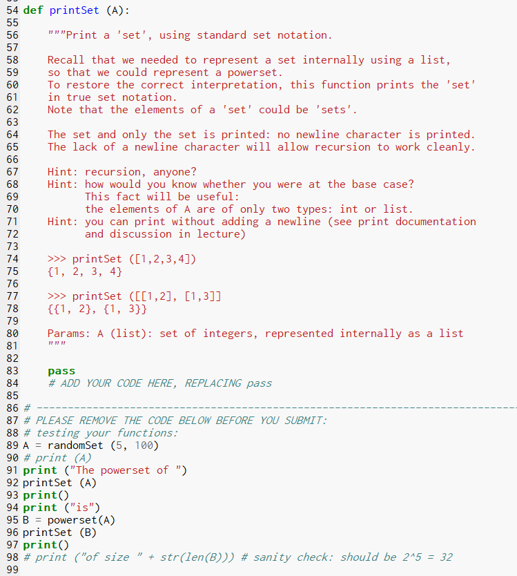 Solved 54 def printSet (A): """Print a 'set', using standard | Chegg.com