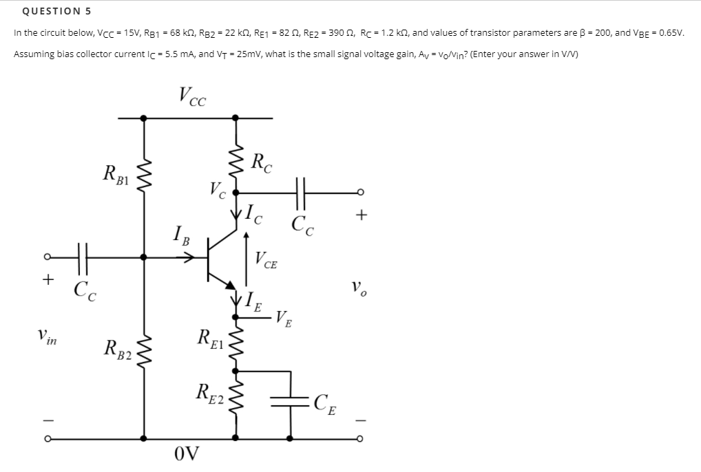 Solved QUESTION 5 In the circuit below, VCC = 15V, RB1 = | Chegg.com