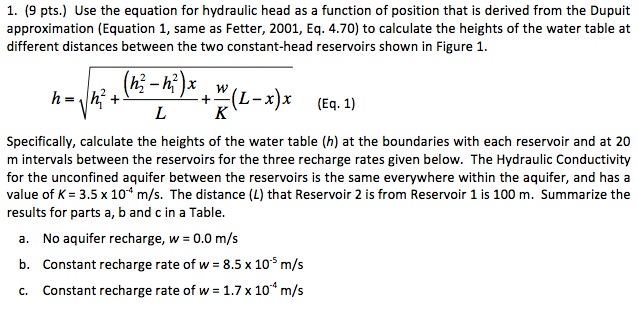 Solved Use the equation for hydraulic head as a function of | Chegg.com