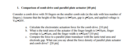 Comparison of comb drive and parallel plate actuator | Chegg.com