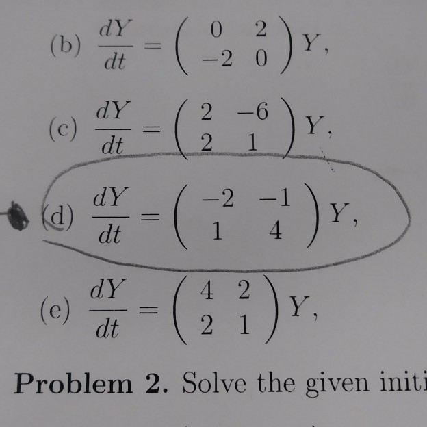 Solved dY (b) dt -2 0 (c) dY=( 2-6 dt dY dt 2 -1 dY dt | Chegg.com