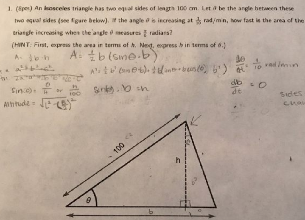Solved 1. (8 pts) An isosceles triangle has two equal sides | Chegg.com