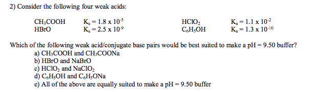 Solved 2) Consider the following four weak acids: Ka = 1.8 x | Chegg.com