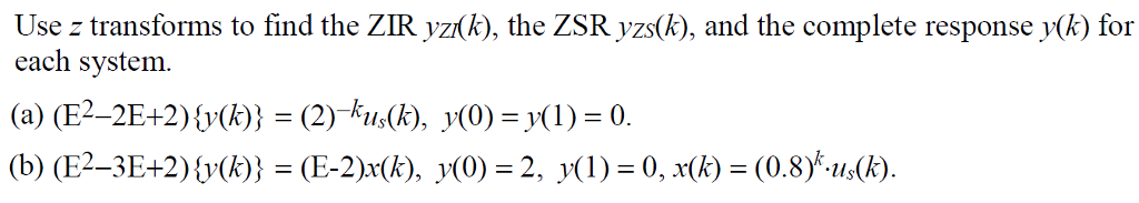 Solved Use z transforms to find the ZIR yZI(k), the ZSR | Chegg.com