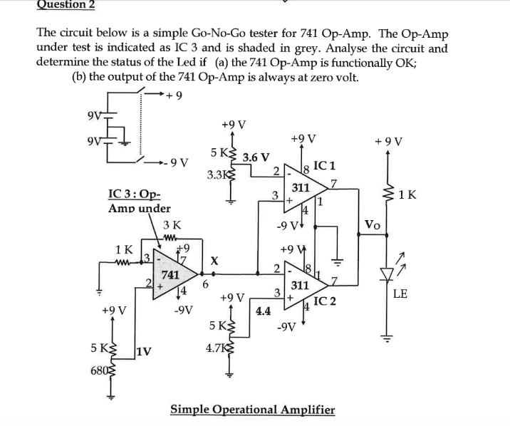 Solved The circuit below is a simple Go-No-Go tester for 741 | Chegg.com