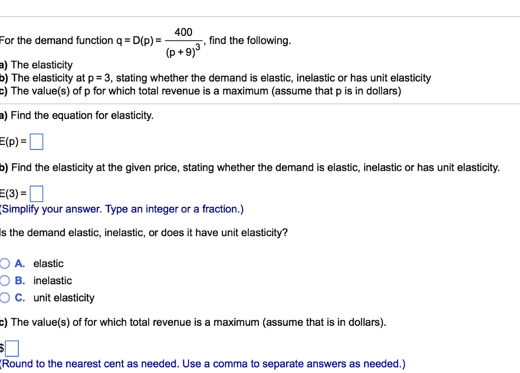 Solved 400 For the demand function q D(p) , find the | Chegg.com