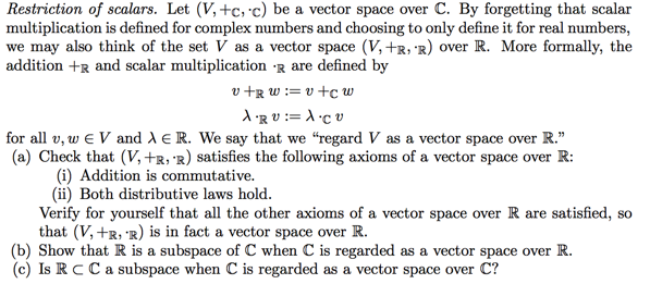 Solved Restriction of scalars. Let (V, +c, c) be a vector | Chegg.com