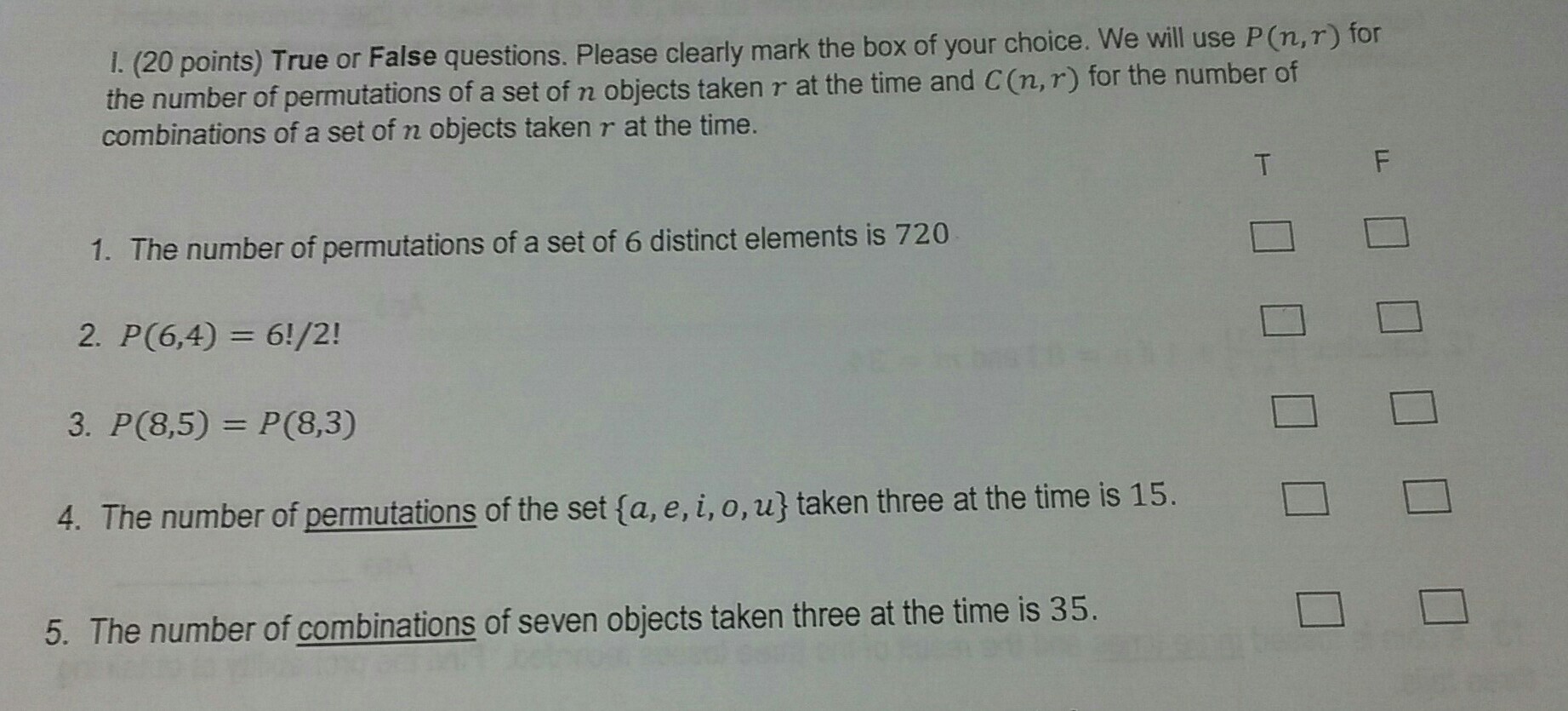 Solved ·(20 points) True or False questions. Please clearly | Chegg.com