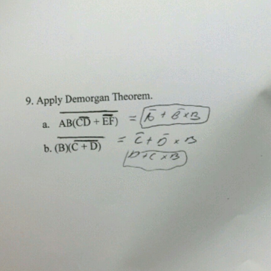 Solved Apply Demorgan Theorem. {AB(CD bar + EF bar)} bar = | Chegg.com