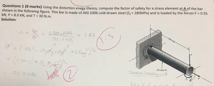 Solved Using the distortion energy theory, compute the | Chegg.com