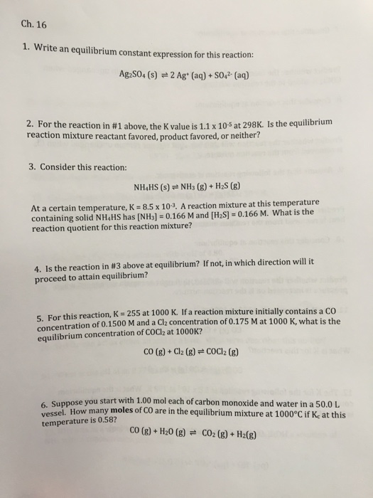 Solved Write an equilibrium constant expression for this | Chegg.com