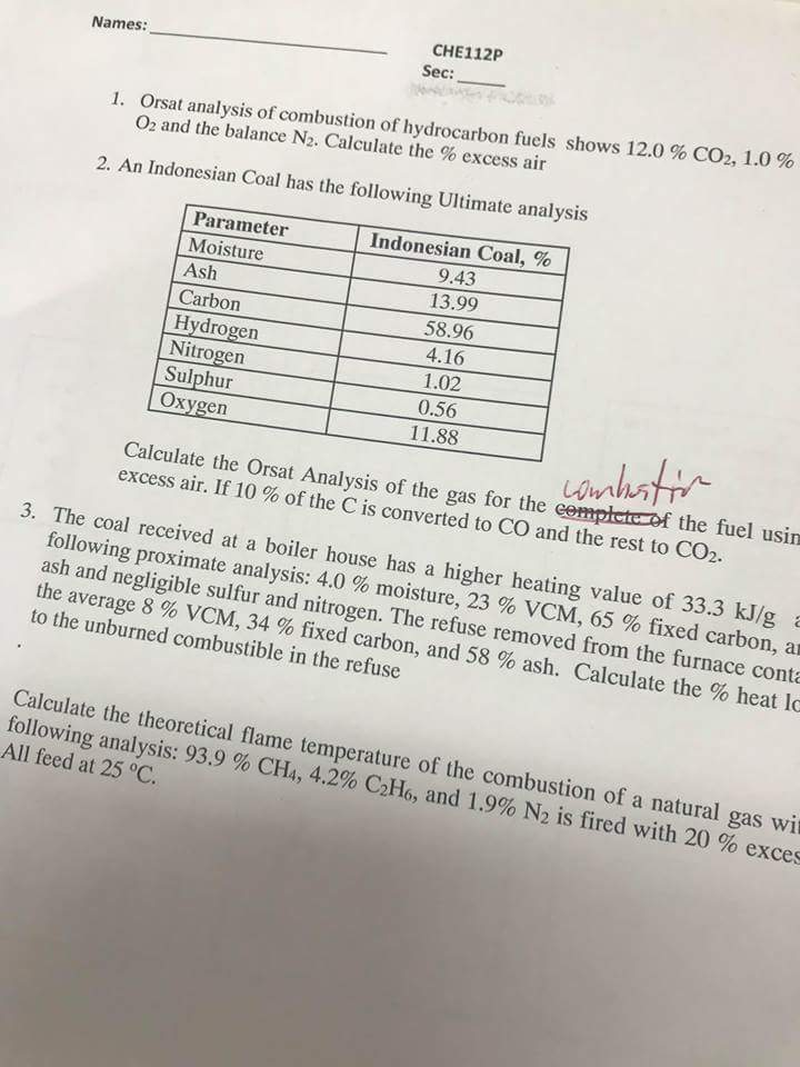 Solved CHE112P Sec: Names: Orsat analysis of combustion of | Chegg.com