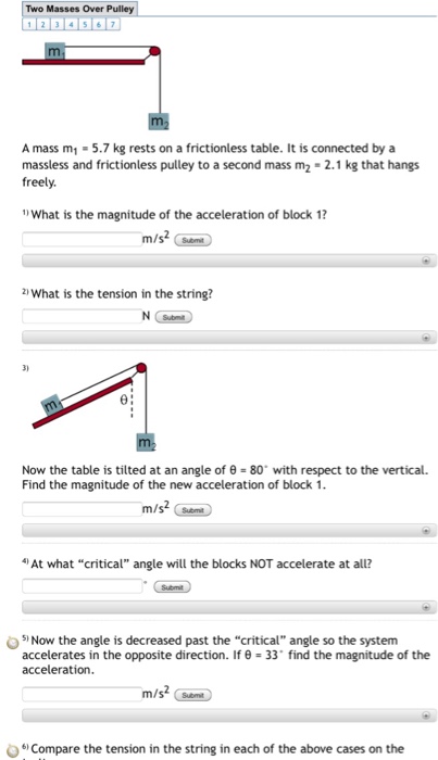 Solved Two Masses Over Pulley A mass m1-5.7 kg rests on a | Chegg.com