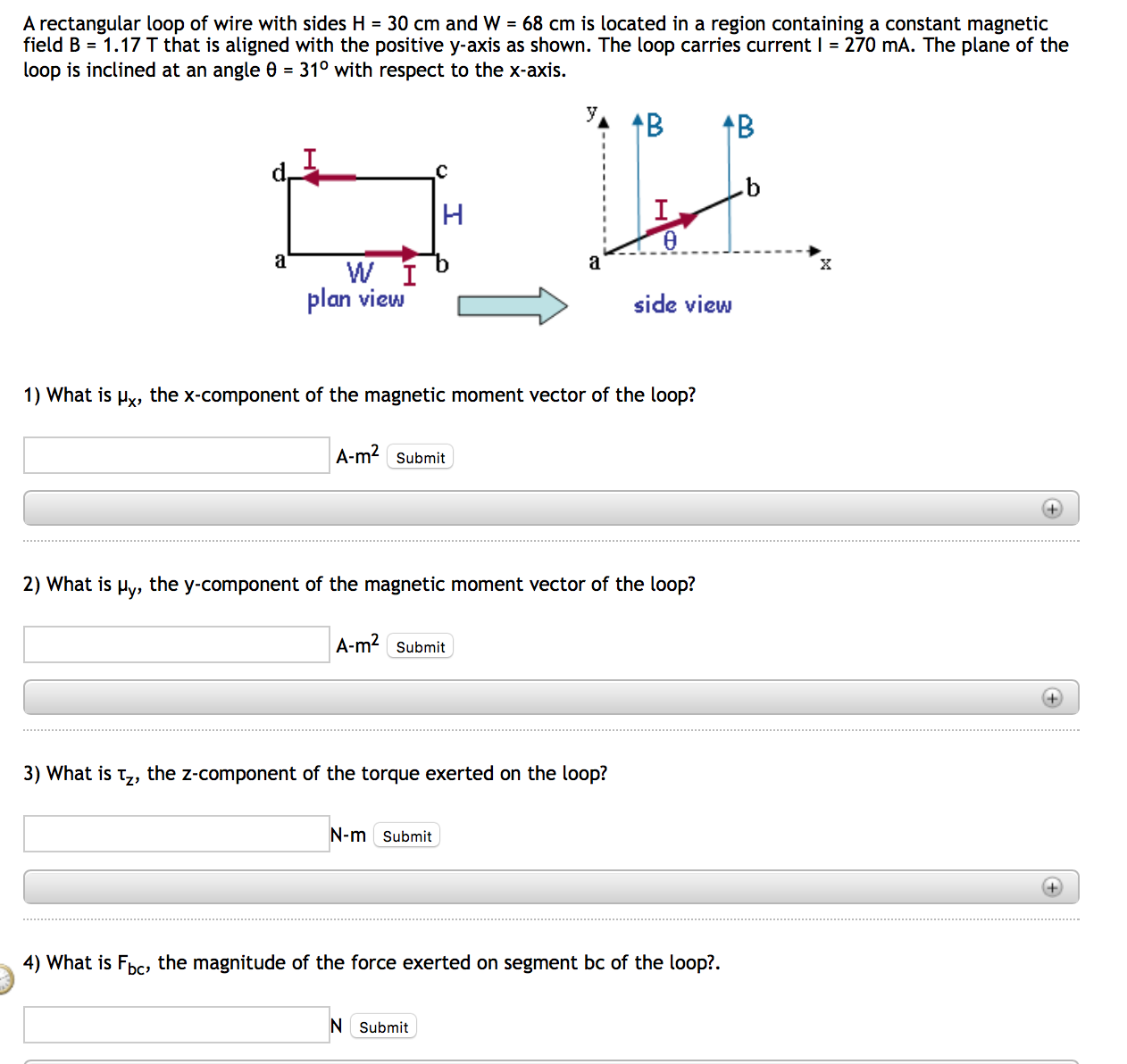 Solved A rectangular loop of wire with sides H = 30 cm and W | Chegg.com