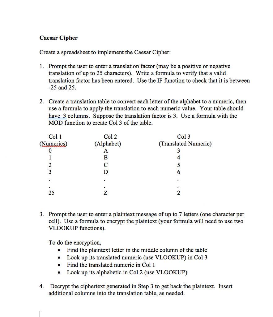 Caesar Cipher Create a spreadsheet to implement the | Chegg.com Caesar Cipher Create a spreadsheet to implement the | Chegg.com