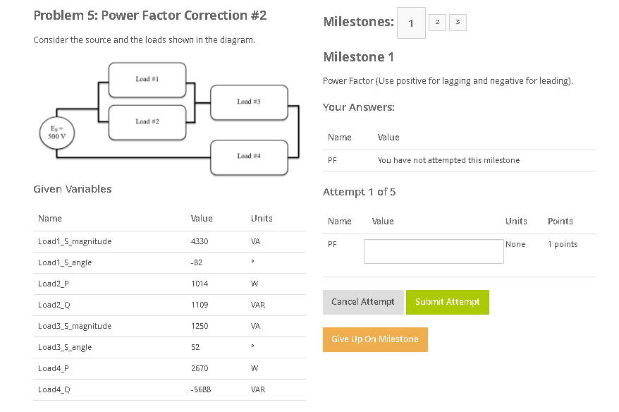 Solved Problem 5: Power Factor Correction #2 Milestones:23 | Chegg.com