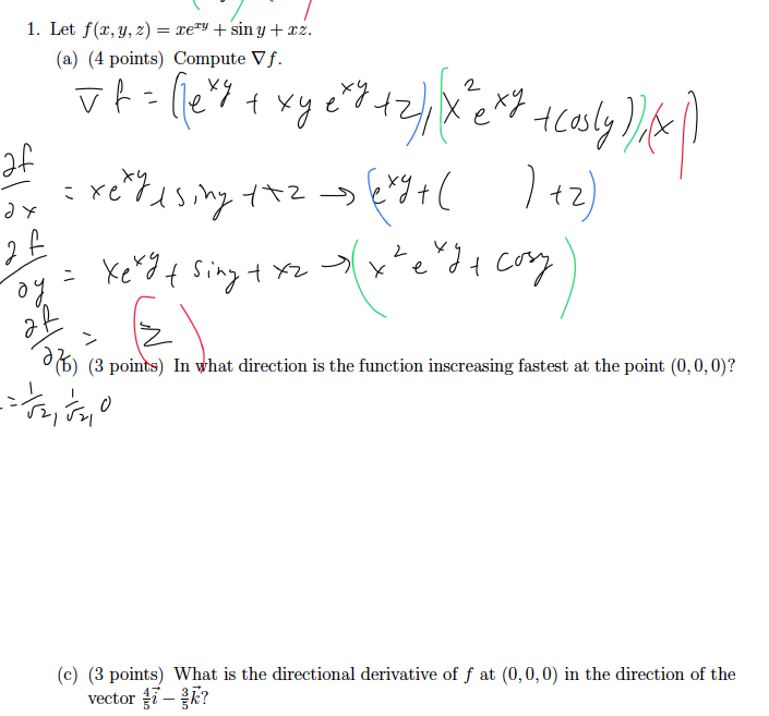 Solved 1. Let f(x, y, z) = xe*y + sin y + x2 (a) (4 points) | Chegg.com