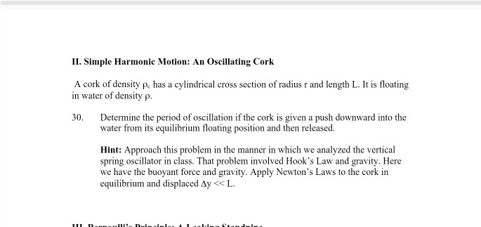 Solved Simple Harmonic Motion: An oscillating Cork A cork | Chegg.com