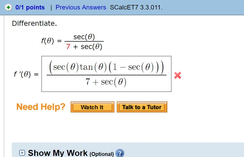 Solved Differentiate. f(theta) = sec(theta)/7 + sec(theta) | Chegg.com