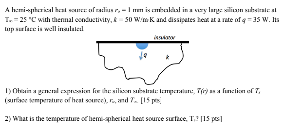 Solved A hemi-spherical heat source of radius ro 1 mm is | Chegg.com