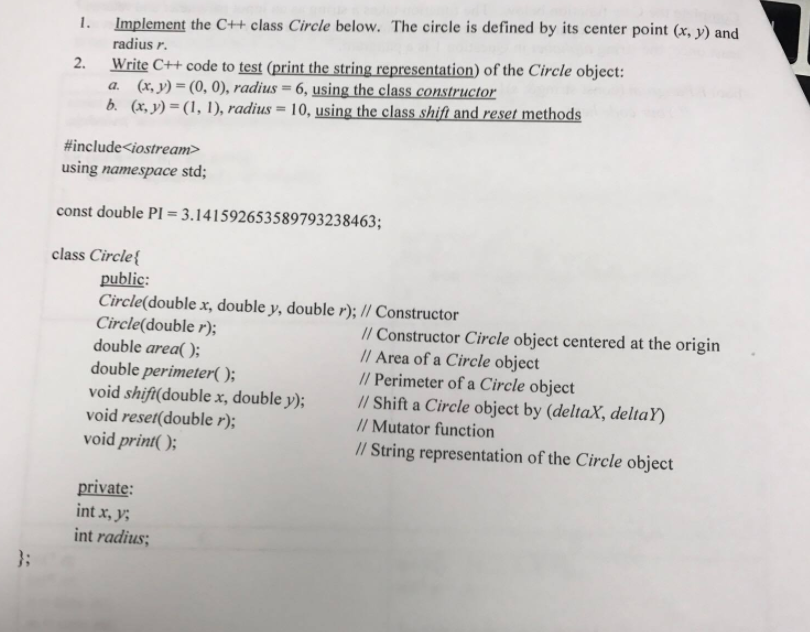 Solved Implement the C + + class Circle below. The circle is | Chegg.com