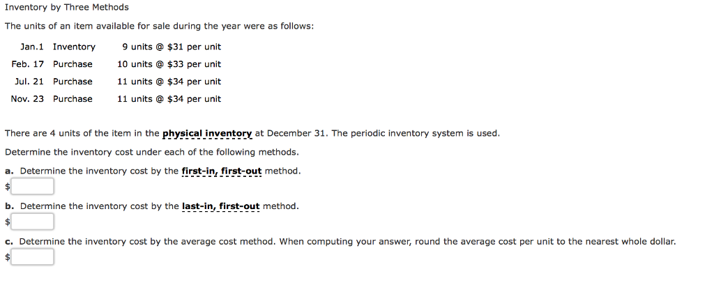 Solved Inventory by Three Methods The units of an item | Chegg.com